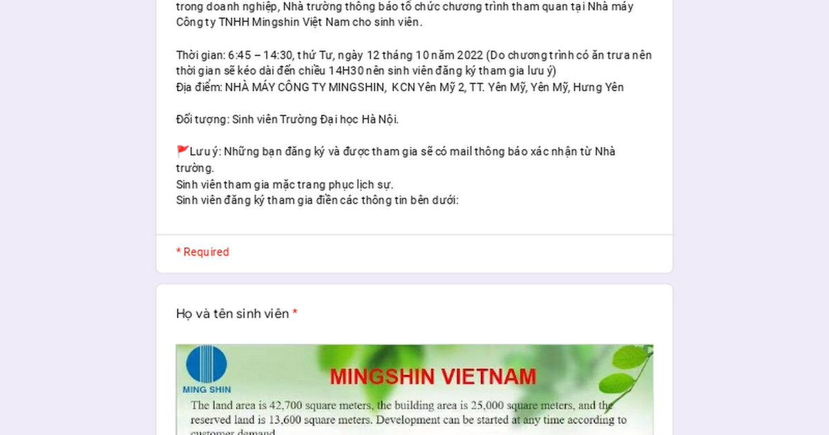 THÔNG BÁO CHƯƠNG TRÌNH THAM QUAN NHÀ MÁY CÔNG TY MINGSHIN VIỆT NAM